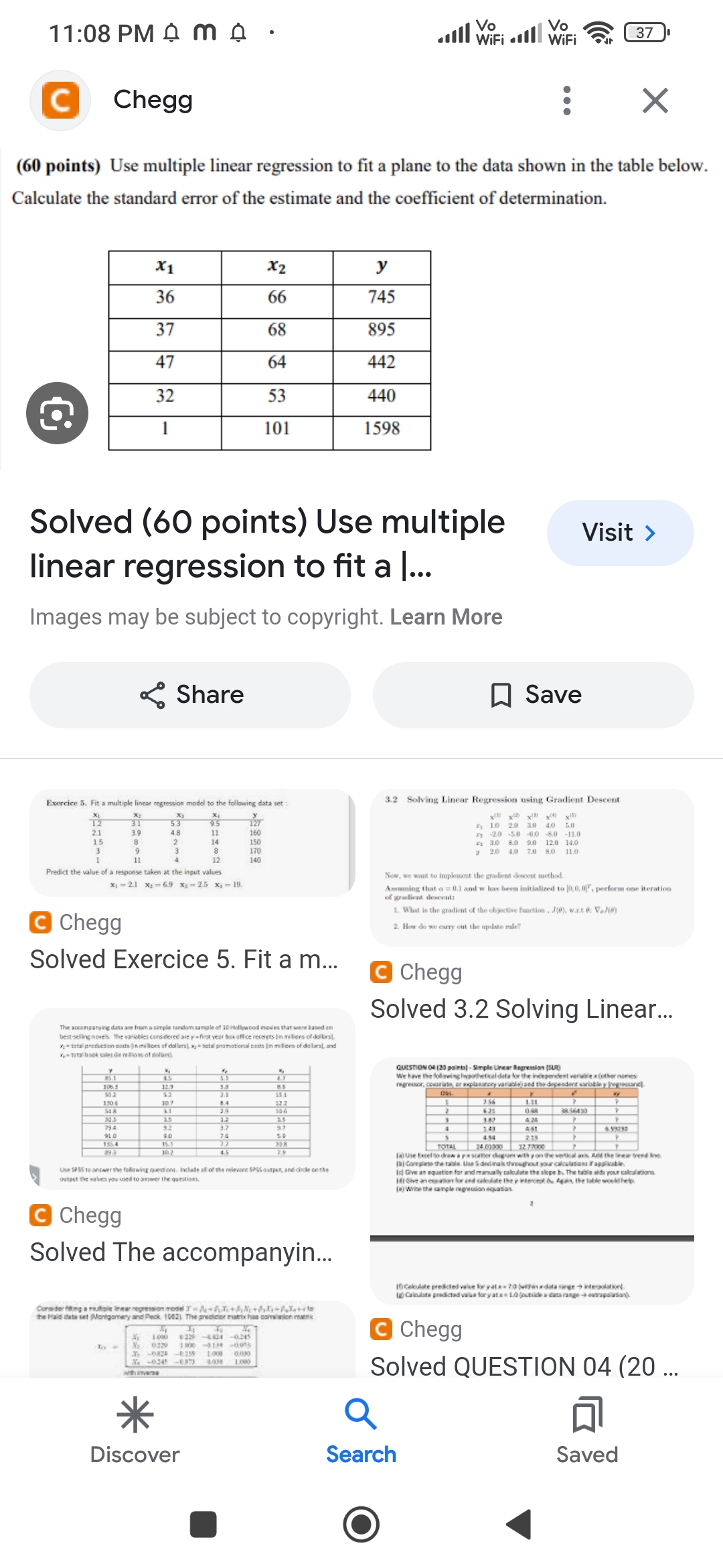 11:08 PM ? 𝐦 ? . Illl Wifi ,.lll WiFi ? 37 Chegg (60 points) Use multiple linear regression to ...