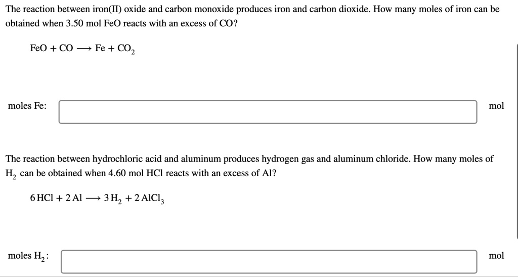 The reaction between iron(II) oxide and carbon monoxide produces iron ...
