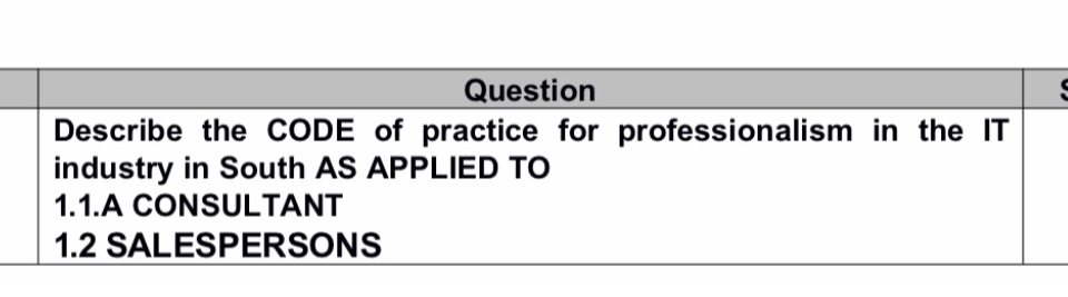 SOLVED: Question Describe the CODE of practice for professionalism in ...