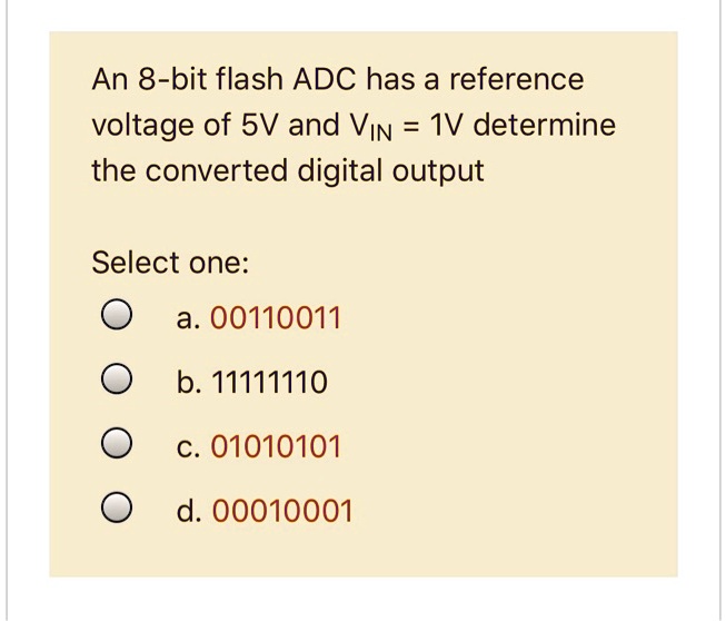 SOLVED: An 8-bit flash ADC has a reference voltage of 5V and Vin=1V. Determine the converted ...