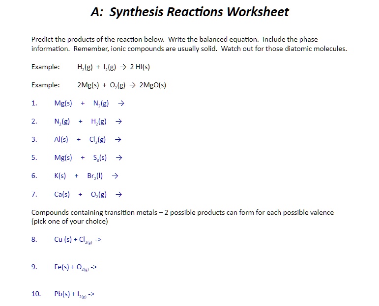 Synthesis Reaction Worksheet Types Of Reactions Worksheet Given The