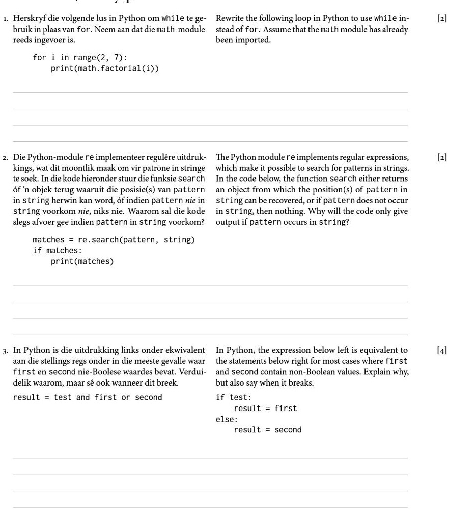 SOLVED: Herskryf die volgende lus in Python om while te ge- Rewrite the ... SOLVED: Herskryf die volgende lus in Python om while te ge- Rewrite the ...