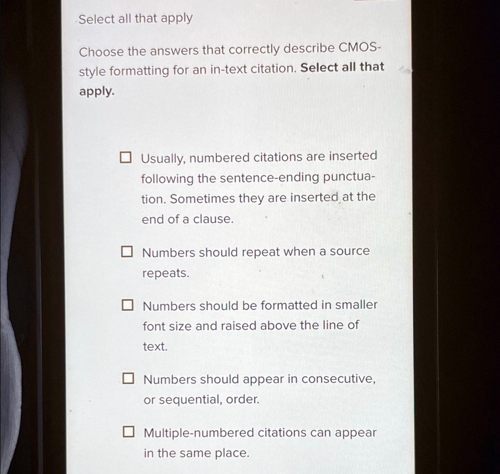 SOLVED: Select all that apply Choose the answers that correctly describe CMOS style formatting ...