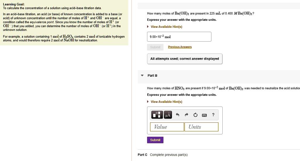 SOLVED: Learning Goal: To calculate the concentration of a solution using acid-base titration ...