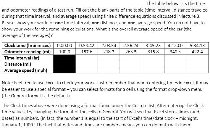 SOLVED: The table below lists the time and odometer readings of a test ...