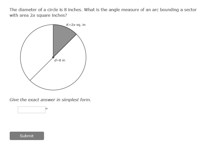 the diameter of a circle is 8 inches what is the angle measure of an ...