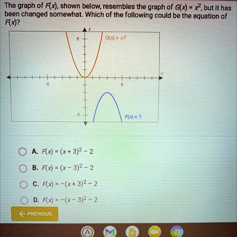 SOLVED: 'The graph of F(x) shown below, resembles the graph of G(x) = x2 but it has been charged ...