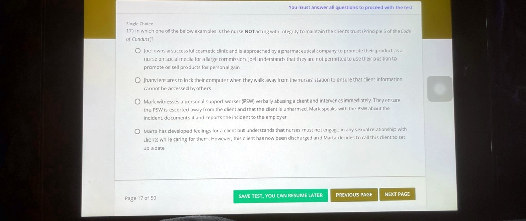 you must answer all questions to proceed with the test single choice in ...