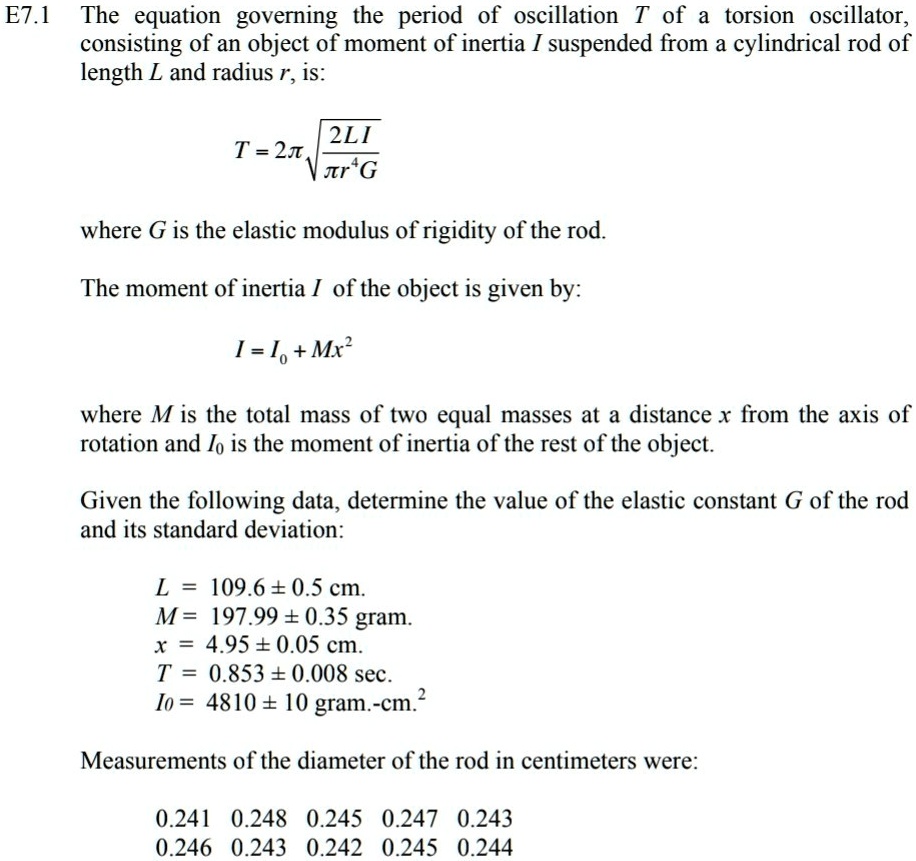 SOLVED: E7.1 The equation governing the period of oscillation T of ...