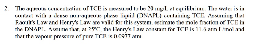 the aqueous concentration of tce is measured to be 20 mgl equilibrium ...