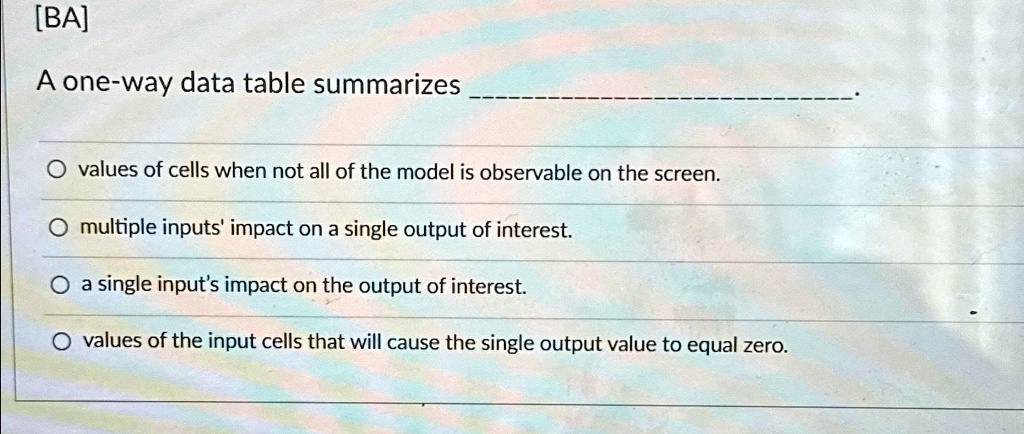 Solved Ba A One Way Data Table Summarizes Values Of Cells When Not All Of The Model Is