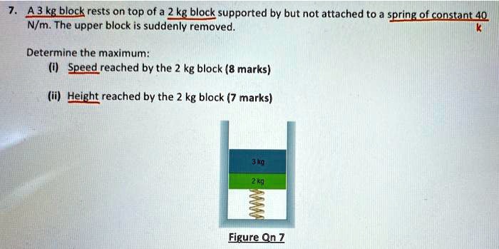 7. A 3 kg block rests on top of a 2 kg block supported by but not attached to a spring of ...