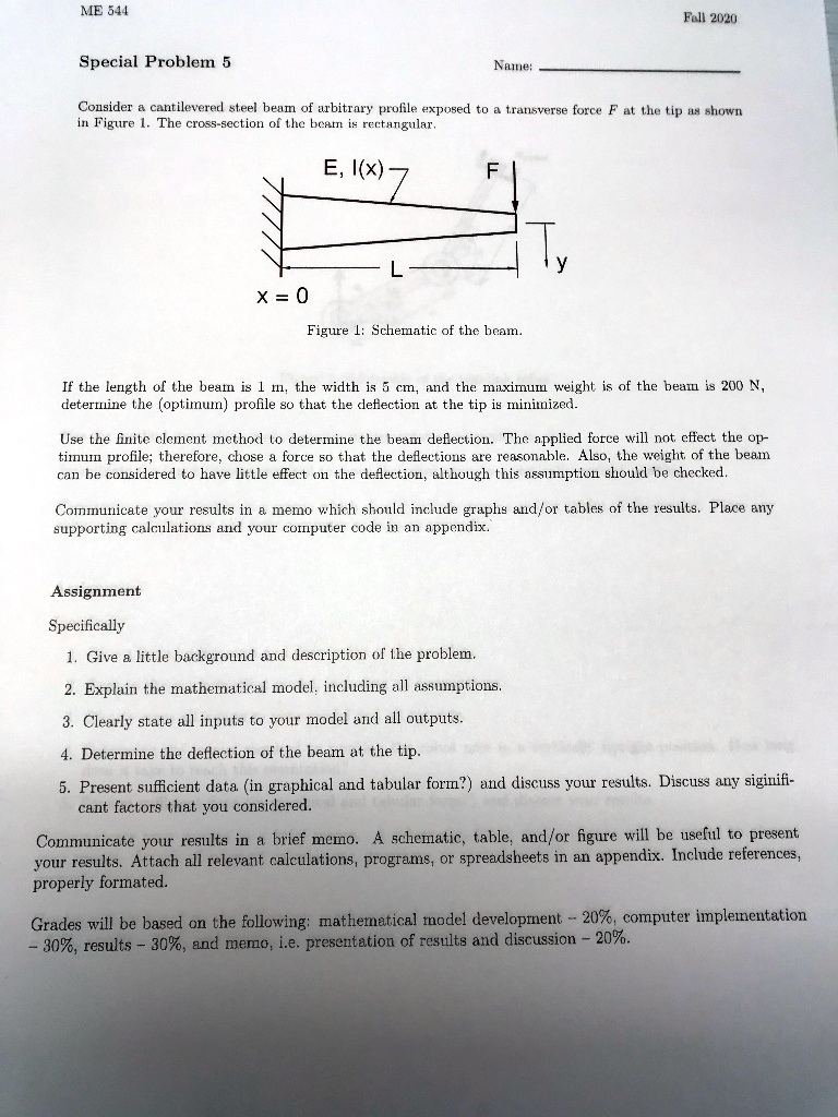 SOLVED: ME 544 Fall 2020 Special Problem 5 Name: Consider a ...