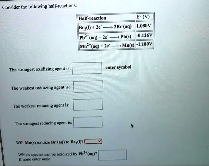 Consider the following half-reactions: Half-reaction: Br2(l) + 2e ...