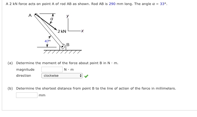 A 2 kN force acts on point A of rod AB as shown. Rod AB is 290 mm long ...