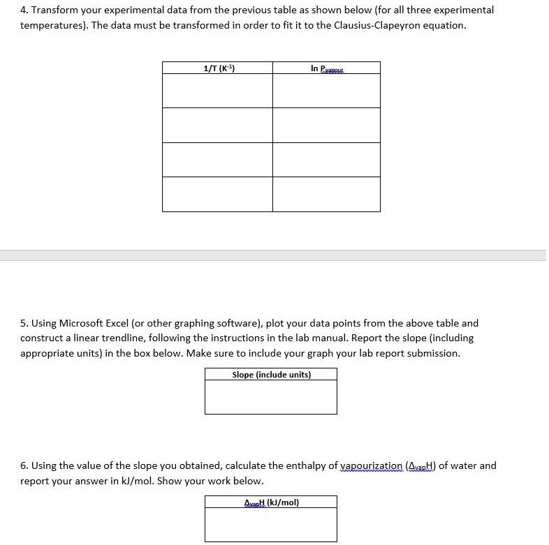 4. Transform your experimental data from the previous table as shown ...