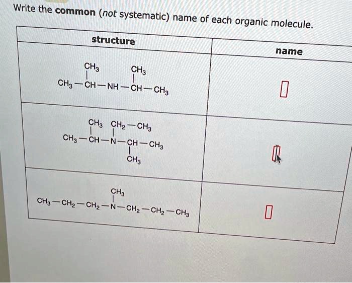 SOLVED: Write the common (not systematic) name of each organic molecule ...