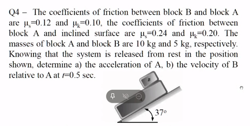SOLVED: Q4 - The coefficients of friction between block B and block A are =0.12 and =0.10, the ...
