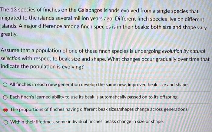the 13 species of finches on the galapagos islands evolved from a ...