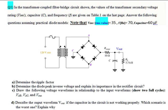 SOLVED: Q1) In the transformer-coupled filter-bridge circuit shown; the values ofthe transformer ...
