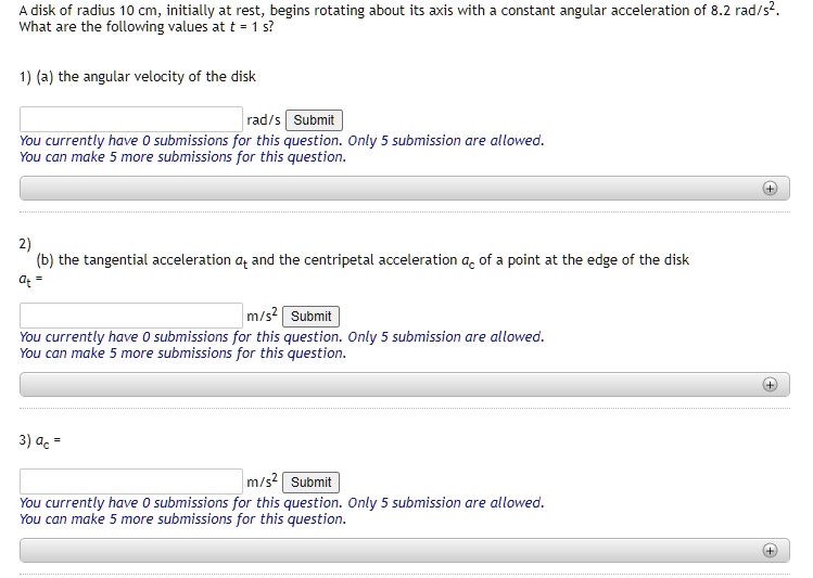SOLVED: Disk of radius 10 cm, initially at rest, begins rotating about its axis with a constant ...