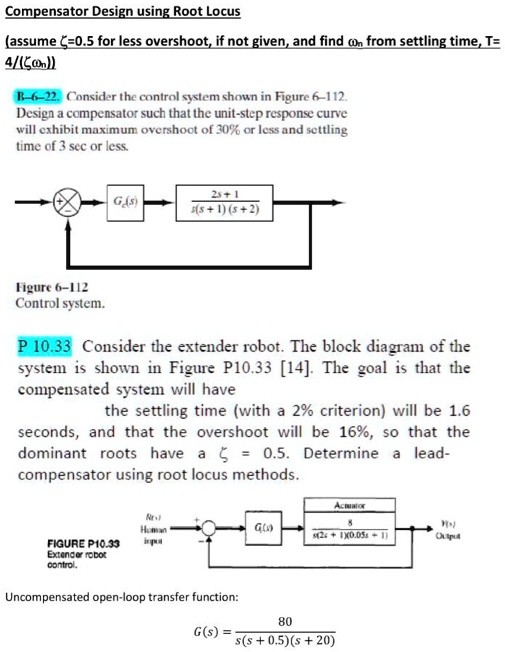 [GET ANSWER] Compensator Design using Root Locus (assume ?=0.5 for less overshoot, if not given ...