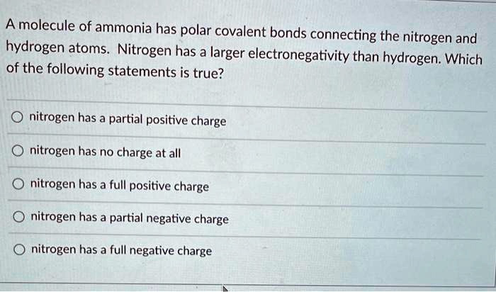 A molecule of ammonia has polar covalent bonds connecting...