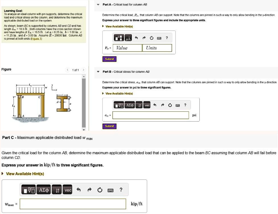 SOLVED: Part A - Critical load for column AB Learning Goal: To analyze an ideal column with pin ...