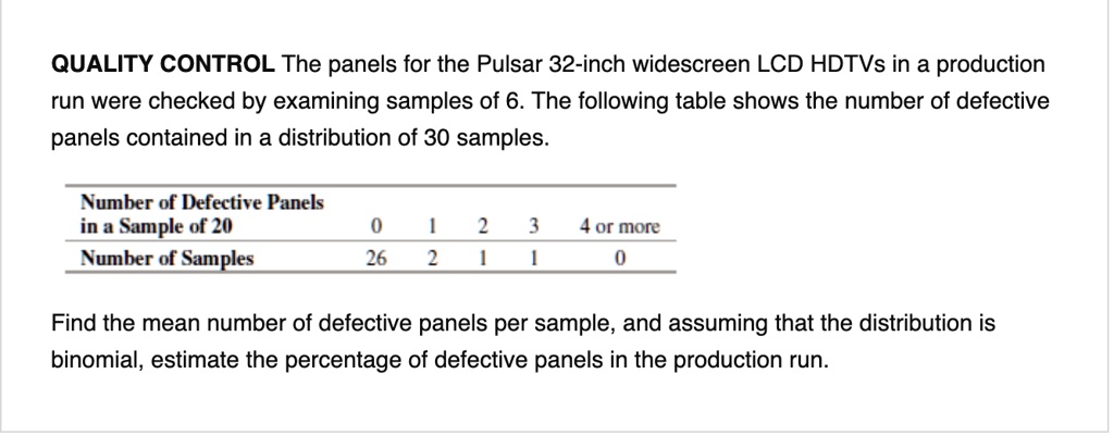 SOLVED: QUALITY CONTROL The panels for the Pulsar 32-inch widescreen ...
