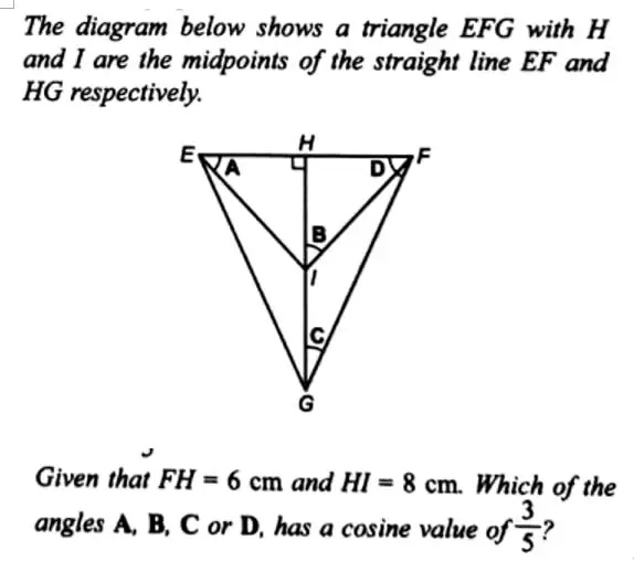 The diagram below shows a triangle EFG with H and I are the midpoints of the straight line EF ...