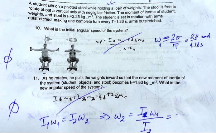 A student sits on a pivoted stool while holding a pair of weights. The ...