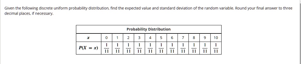 SOLVED: Given the following discrete uniform probability distribution ...
