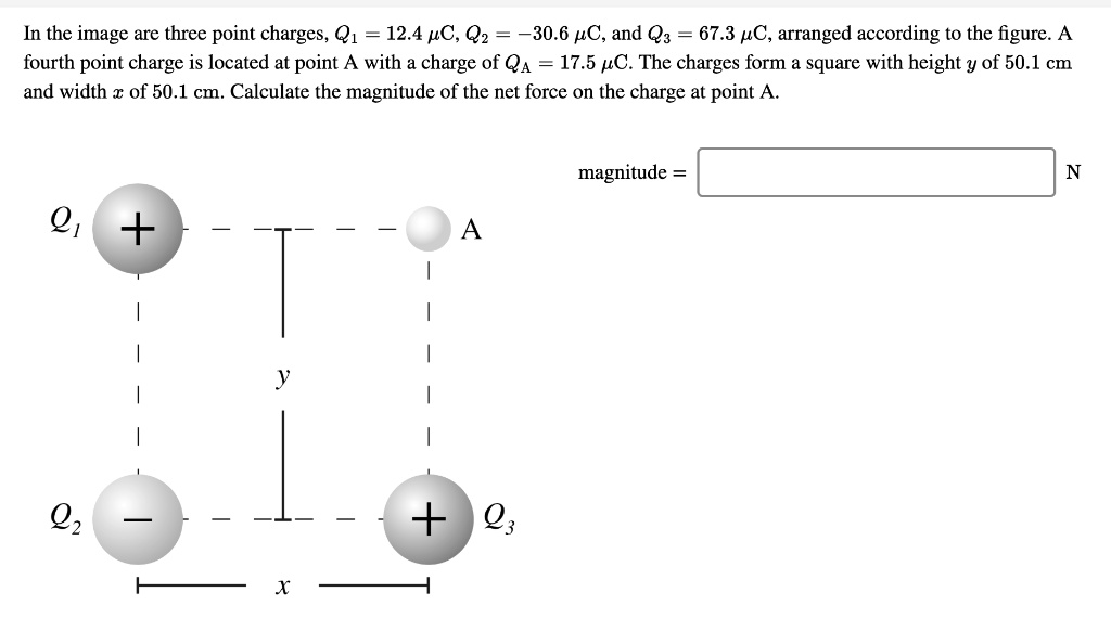 SOLVED: In the image are three point charges, Q1 12.4 uC, Q2 30.6 pC, and Q3 67.3 pC, arranged ...