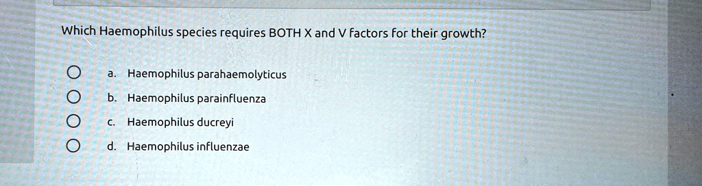SOLVED: Which Haemophilus species requires BOTH X and V factors for ...