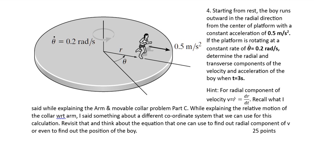 θ̇ = 0.2 rad/s 4. Starting from rest, the boy runs outward in the ...
