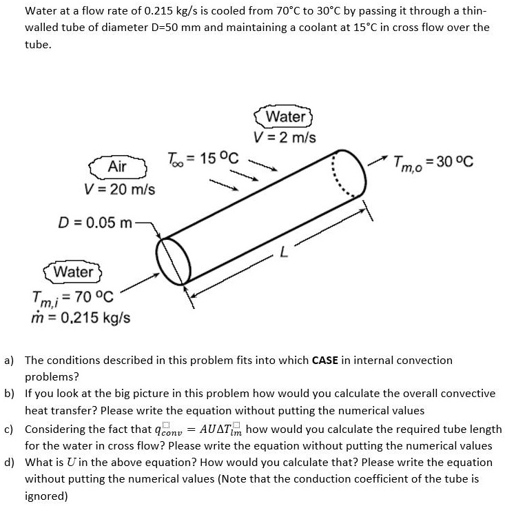 SOLVED: Water at a flow rate of 0.215 kg/s is cooled from 70Â°C to 30Â°C by passing it through a ...