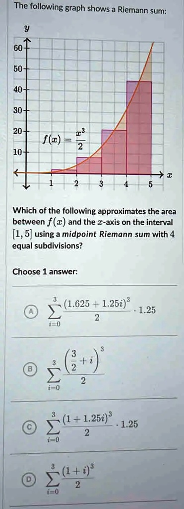 The following graph shows a Riemann sum: 60- 50- 40- y 30- 20- f(x) = (x^3)/(2) 10- ? 1 2 3 4 5 ...