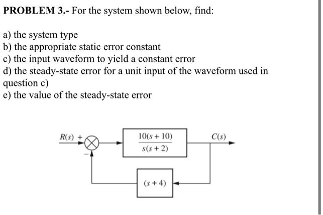 PROBLEM 3.- For the system shown below, find: a) the system type b) the appropriate static error ...