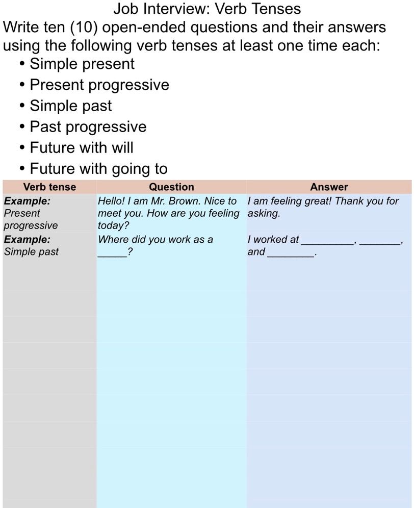 job interview verb tenses write ten 10 open ended questions and their ...