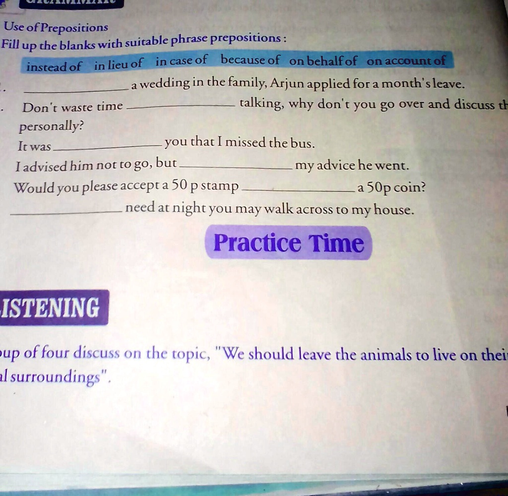 Solved Use Of Prepositions Fill In The Blanks With Suitable Phrase