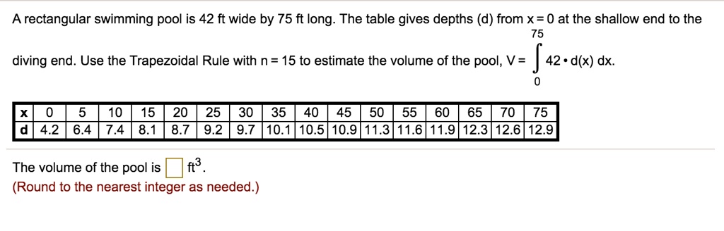 a rectangular swimming pool is 42 ft wide by 75 ft long the table gives ...