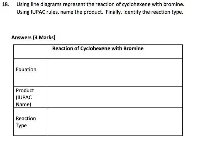 SOLVED: Using line diagrams, represent the reaction of cyclohexene with bromine. Using IUPAC ...