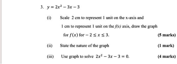 SOLVED: 3.y=2x2-3x-3 (i) Scale 2 cm to represent 1 unit on the x-axis and 1 cm to represent I ...