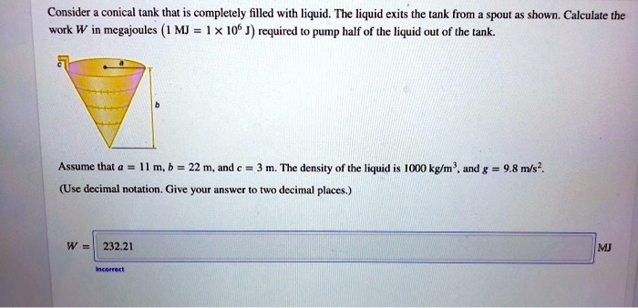 SOLVED: Consider conical tank that is completely filled with liquid ...