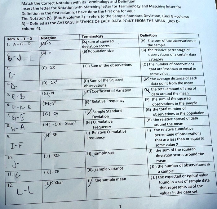 SOLVED: Match the Correct Notation with its Terminology and Definition Insert the letter for ...