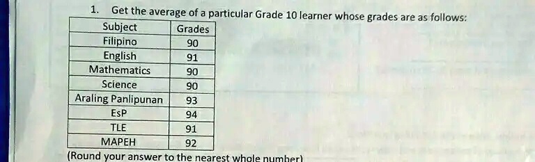 1. Get the average of a particular Grade 10 learner whose grades are as ...