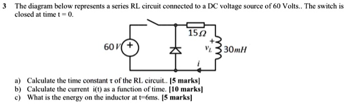 SOLVED: The diagram below represents a series RL circuit connected to a DC voltage source of 60 ...