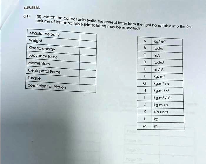 GENERAL Q1) (8) Match the correct units (write the correct...