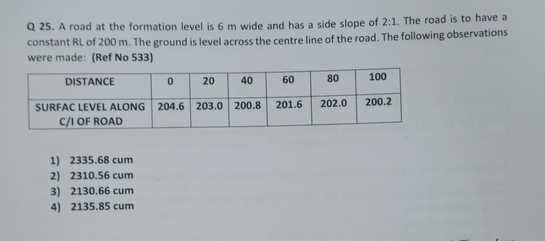 Q 25. A road at the formation level is 6 m wide and has a side slope of ...