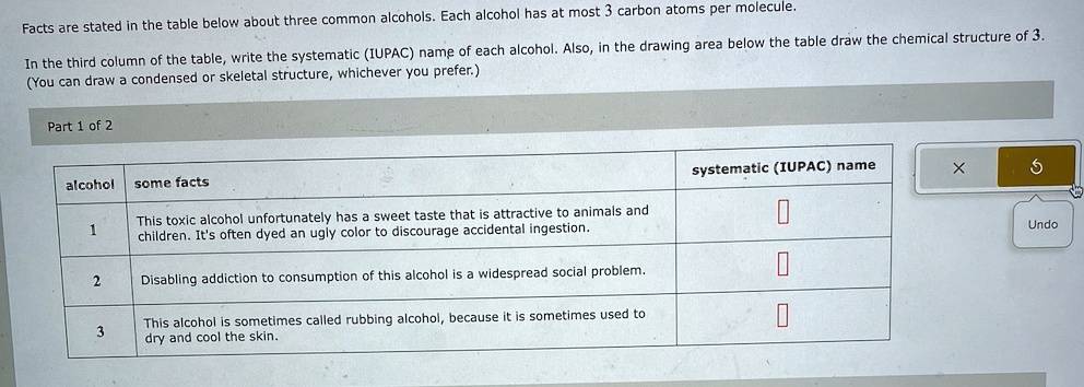Facts are stated in the table below about three common alcohols. Each ...